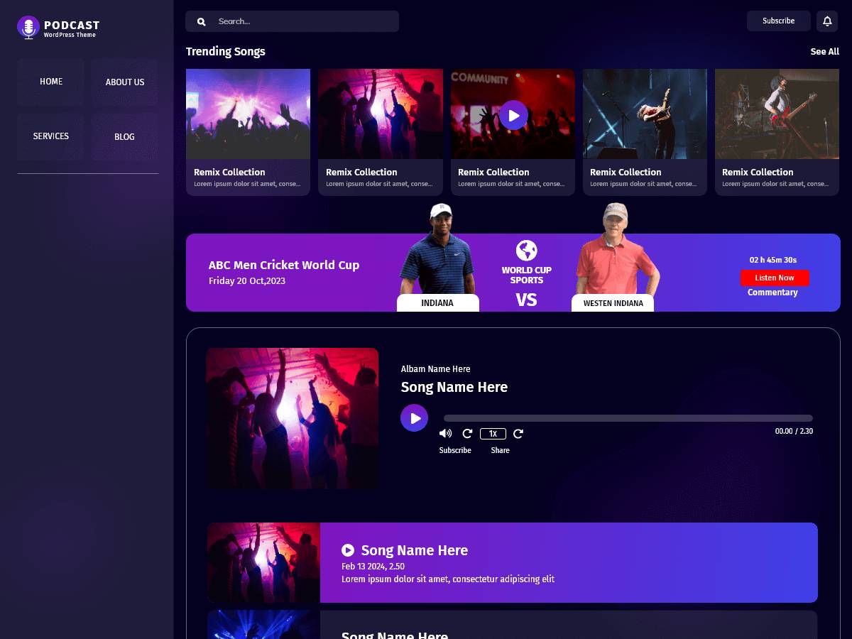 VW Audio Podcast episodes content Wordpress Theme - VineThemes